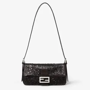 Fendi Baguette® 26424 Crackled Black Leather Bag With Wedge-shaped Mirrors